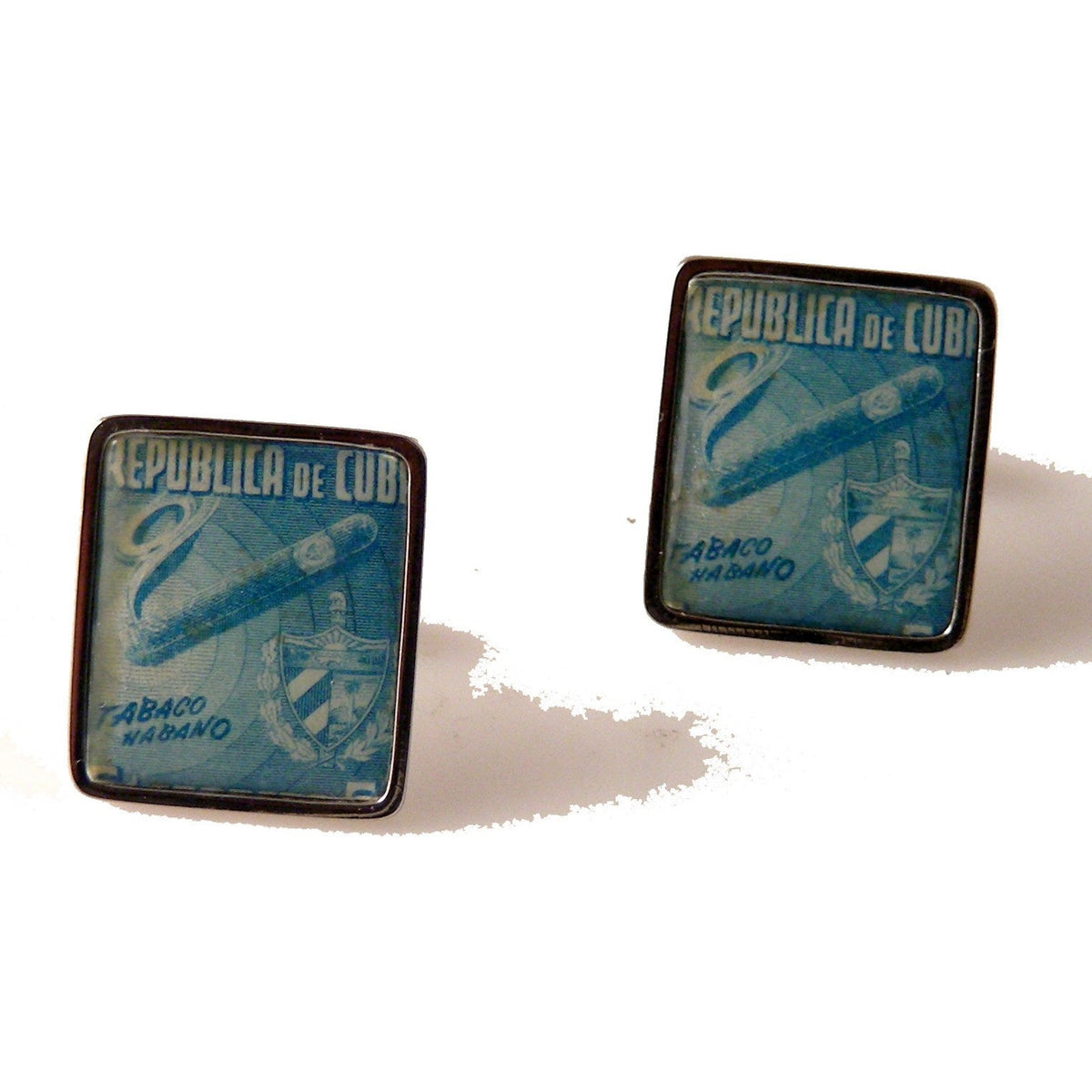 1948 PRE CASTRO CUBAN POSTAGE STAMP CUFFLINKS WITH CUBAN CREST